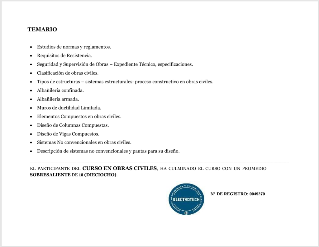 CURSO EN OBRAS CIVILES – JACINTO RAÚL RUFASTO ROJAS – Cursos